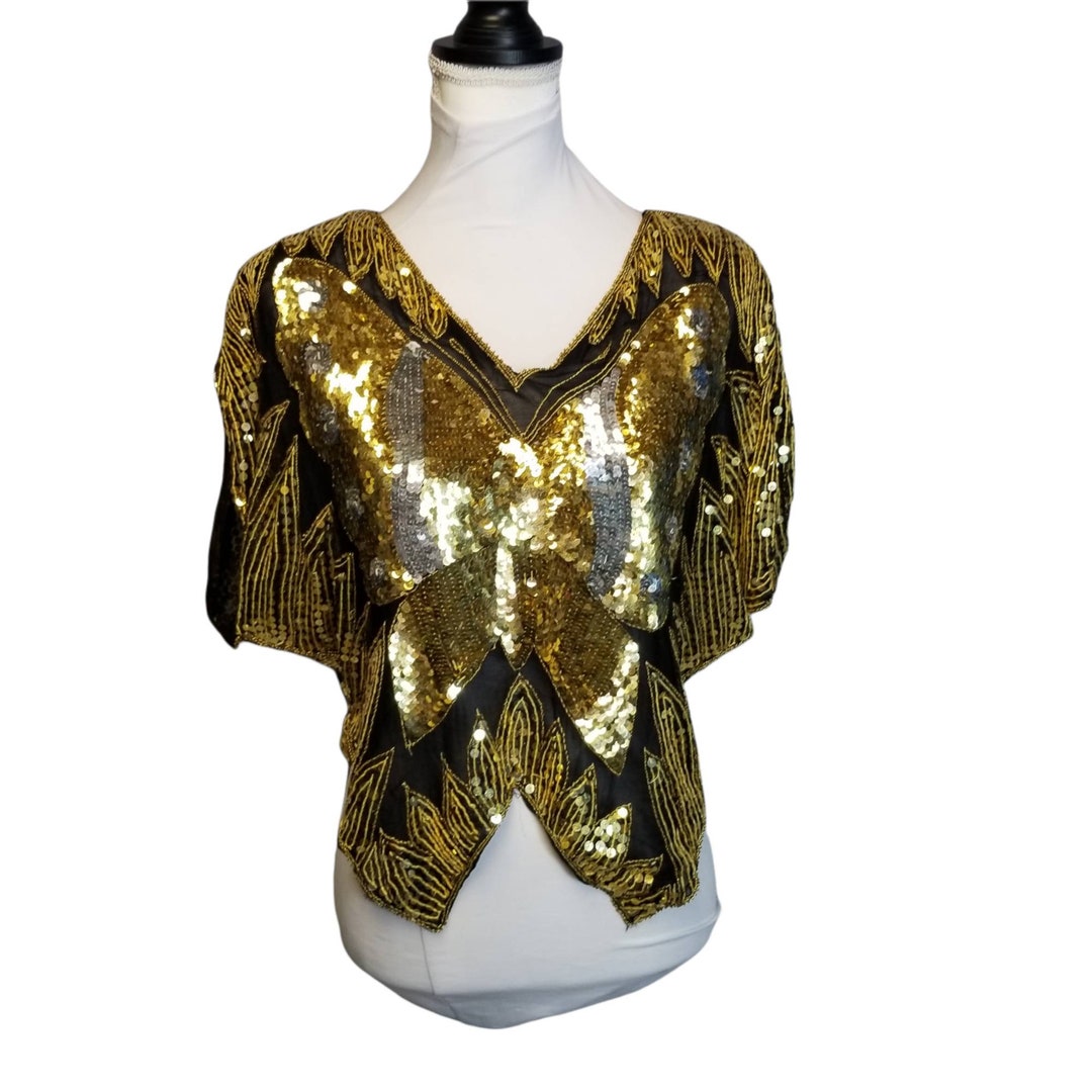 Vtg 70s Butterfly Sequin Blouse, 70s Silk Sequins Butterfly Sequin ...