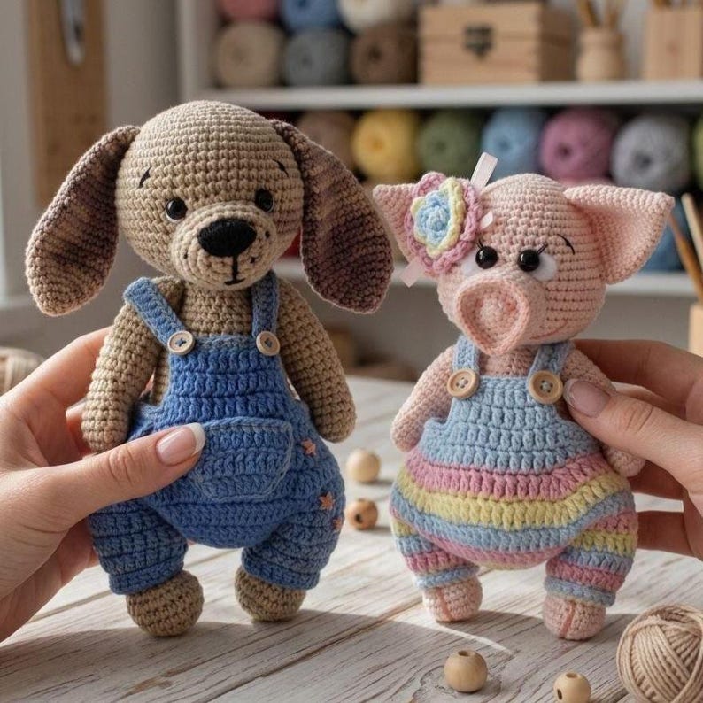 Amigurumi Pig Crochet Pattern Bundle: Farmhouse Overalls Toy PDF Dog ...