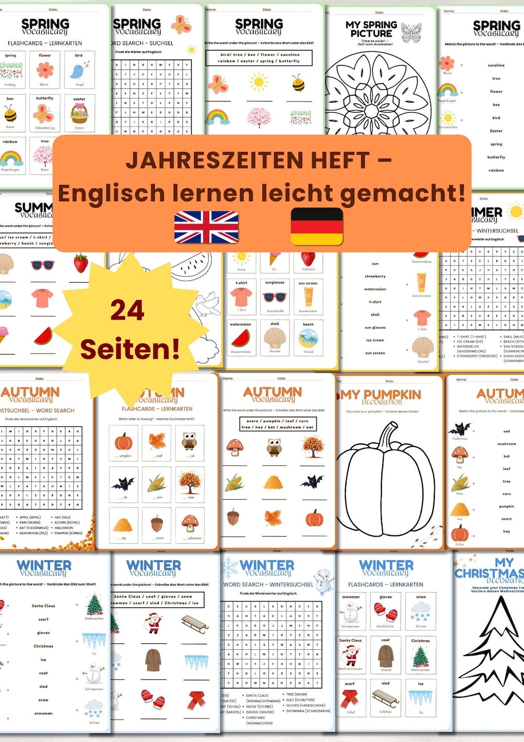 Seasons Bundle – 4-in-1 Bilingual English German Worksheets PDF ...