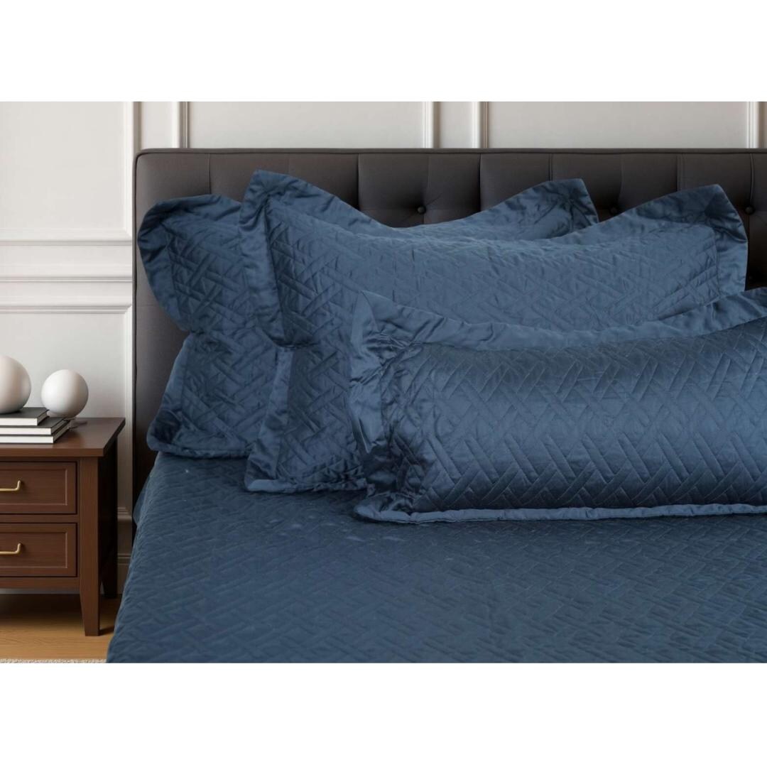 400TC | Midnight Blue Quilted Bedspread Set | Dark Navy Diamond & Line ...