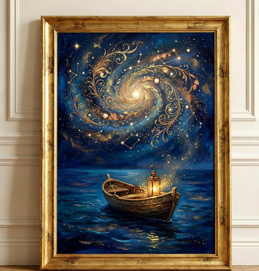 Celestial Boat Print, Magical Night Sky, Gold Star Nursery Decor ...