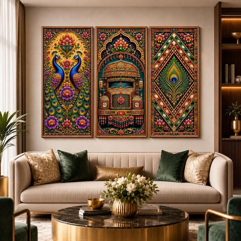 Pakistani Truck Art Triptych Print Set, Peacock Folk Poster, Boho Home ...