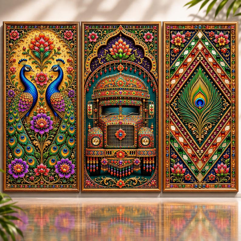 Pakistani Truck Art Triptych Print Set, Peacock Folk Poster, Boho Home ...