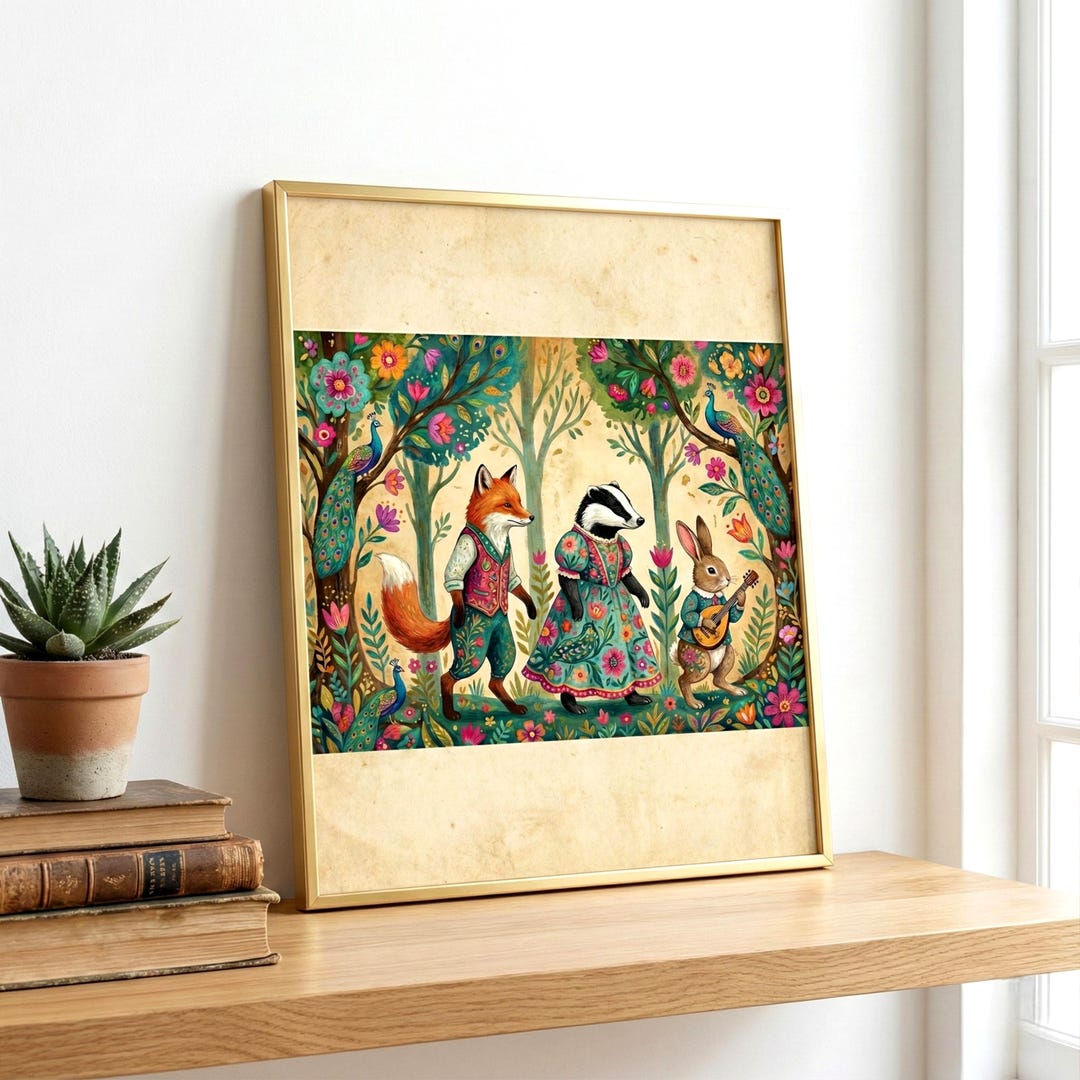 Woodland Animal Nursery Print, Folk Art Fox Badger Rabbit (digital ...