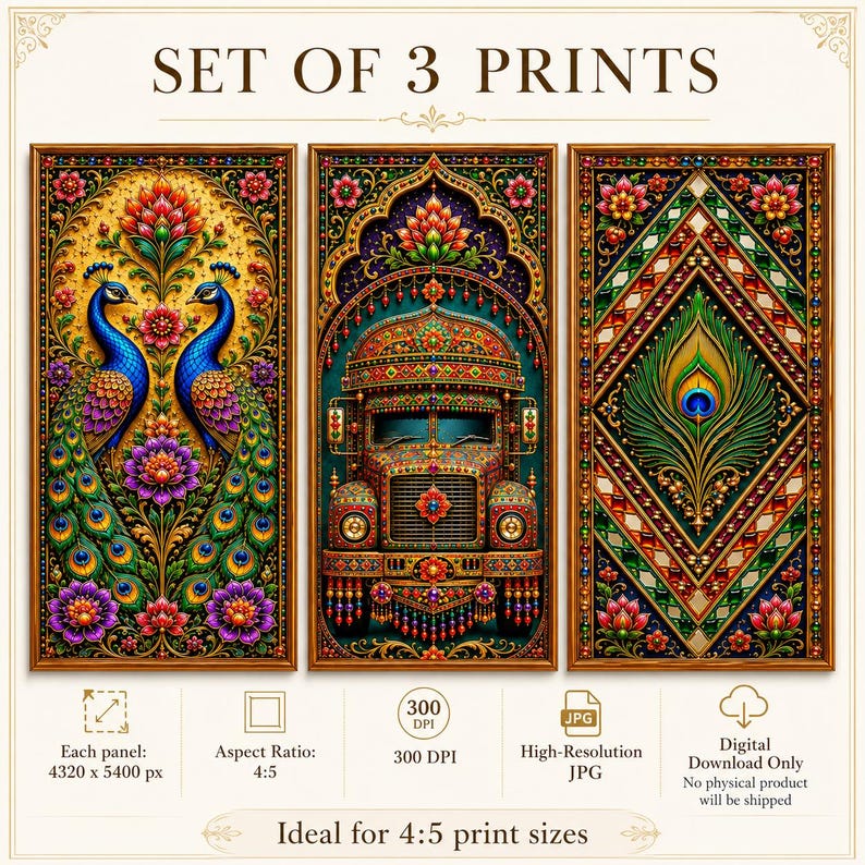 Pakistani Truck Art Triptych Print Set, Peacock Folk Poster, Boho Home ...