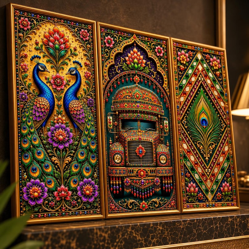 Pakistani Truck Art Triptych Print Set, Peacock Folk Poster, Boho Home ...