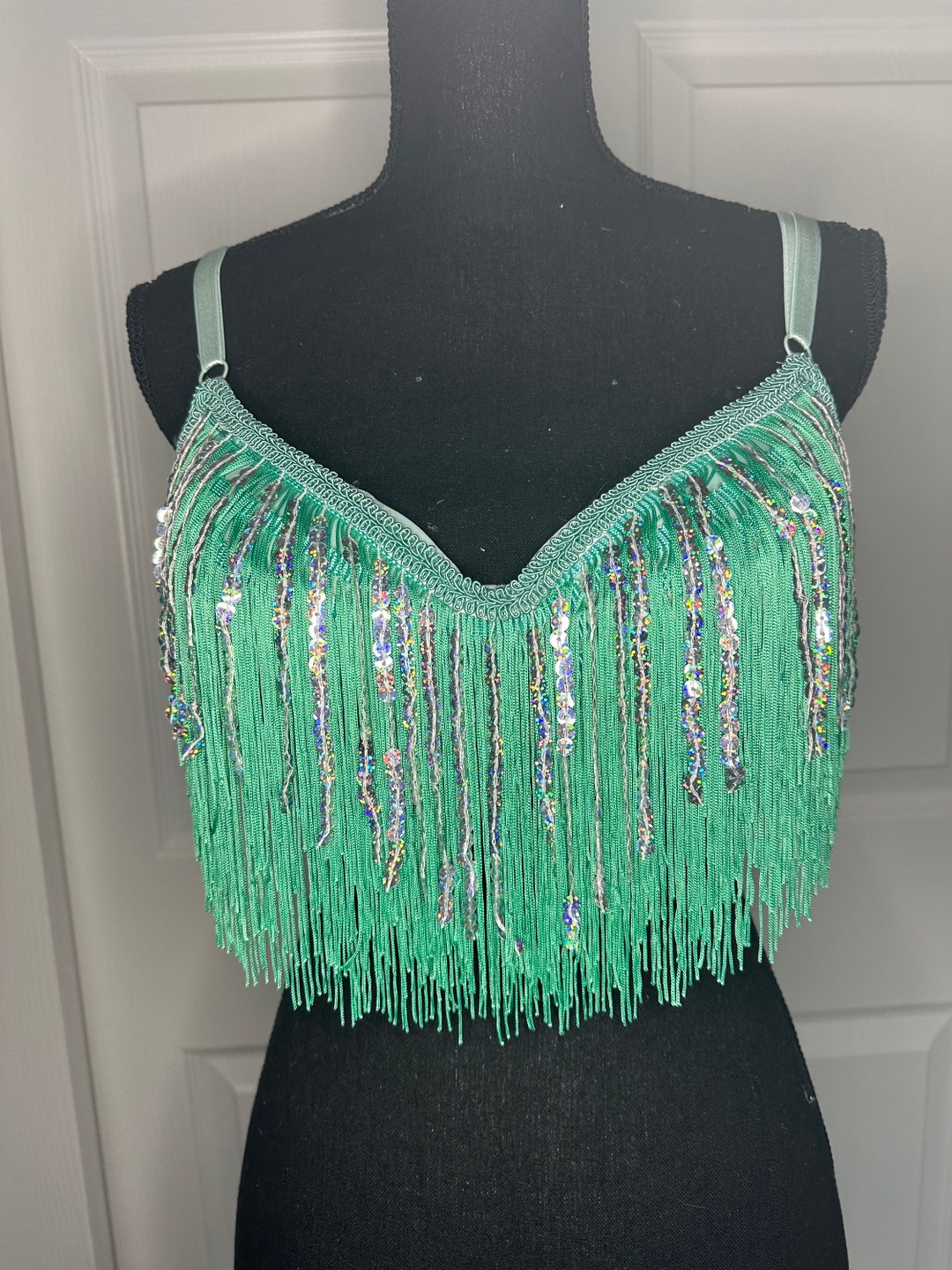 Sea Green Fringe Burlesque Bra With Silver Sequin Trim - Etsy