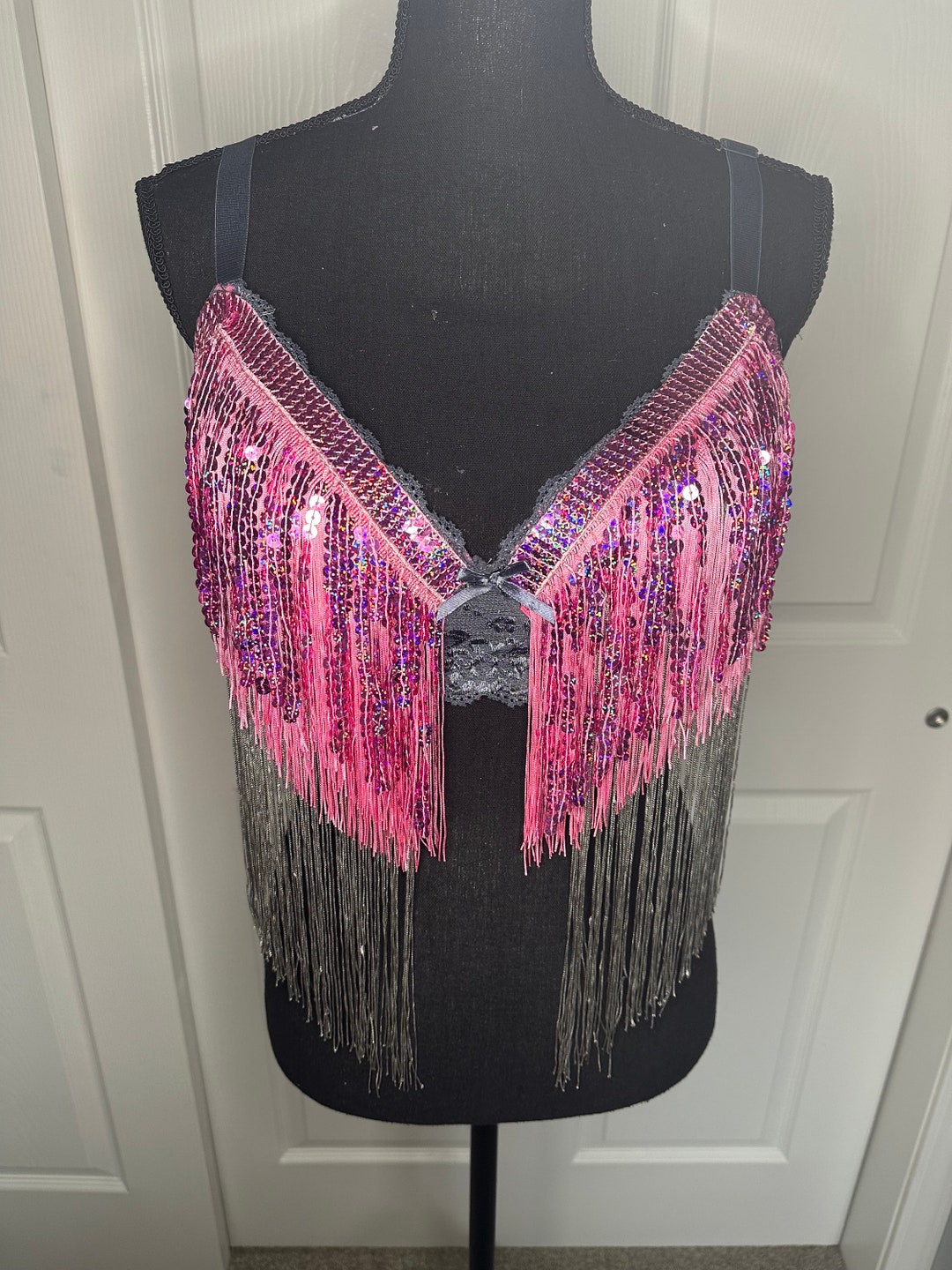 36D Pink and Grey Fringe Bra Burlesque Bra Sexy Bra Mardi Gras Bra - Etsy