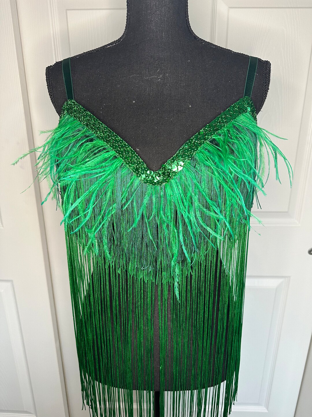Long Green Fringe Burlesque Bra With Green Feathers - Etsy