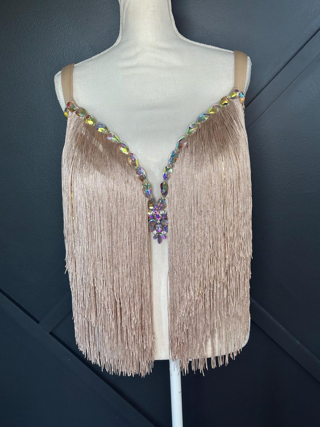 Handmade 42G Nude Fringe Bra – Beaded Burlesque Festival Top - Etsy