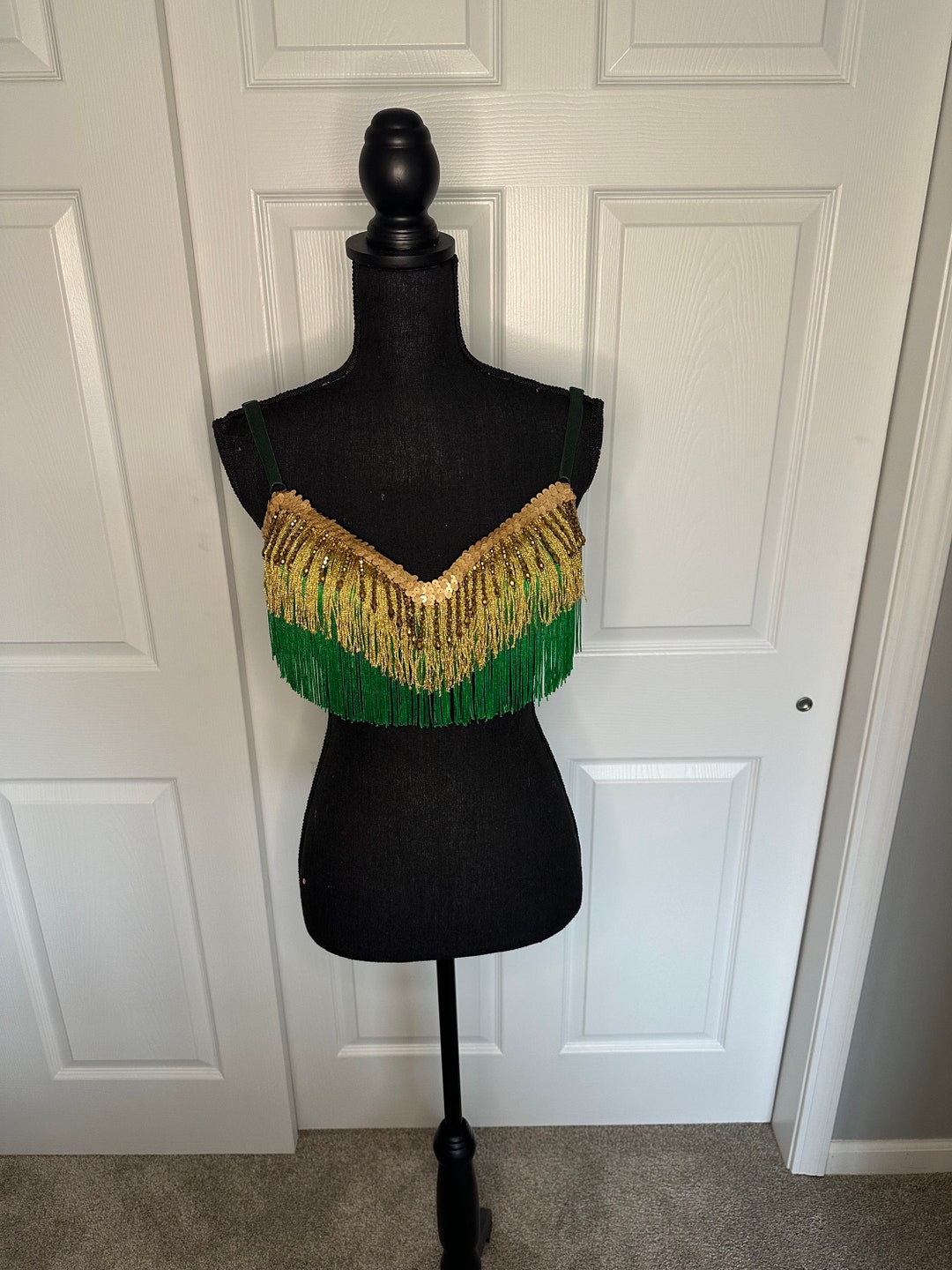 Green & Gold Fringe Burlesque Bra 38B With Sequin Trim | Halloween ...