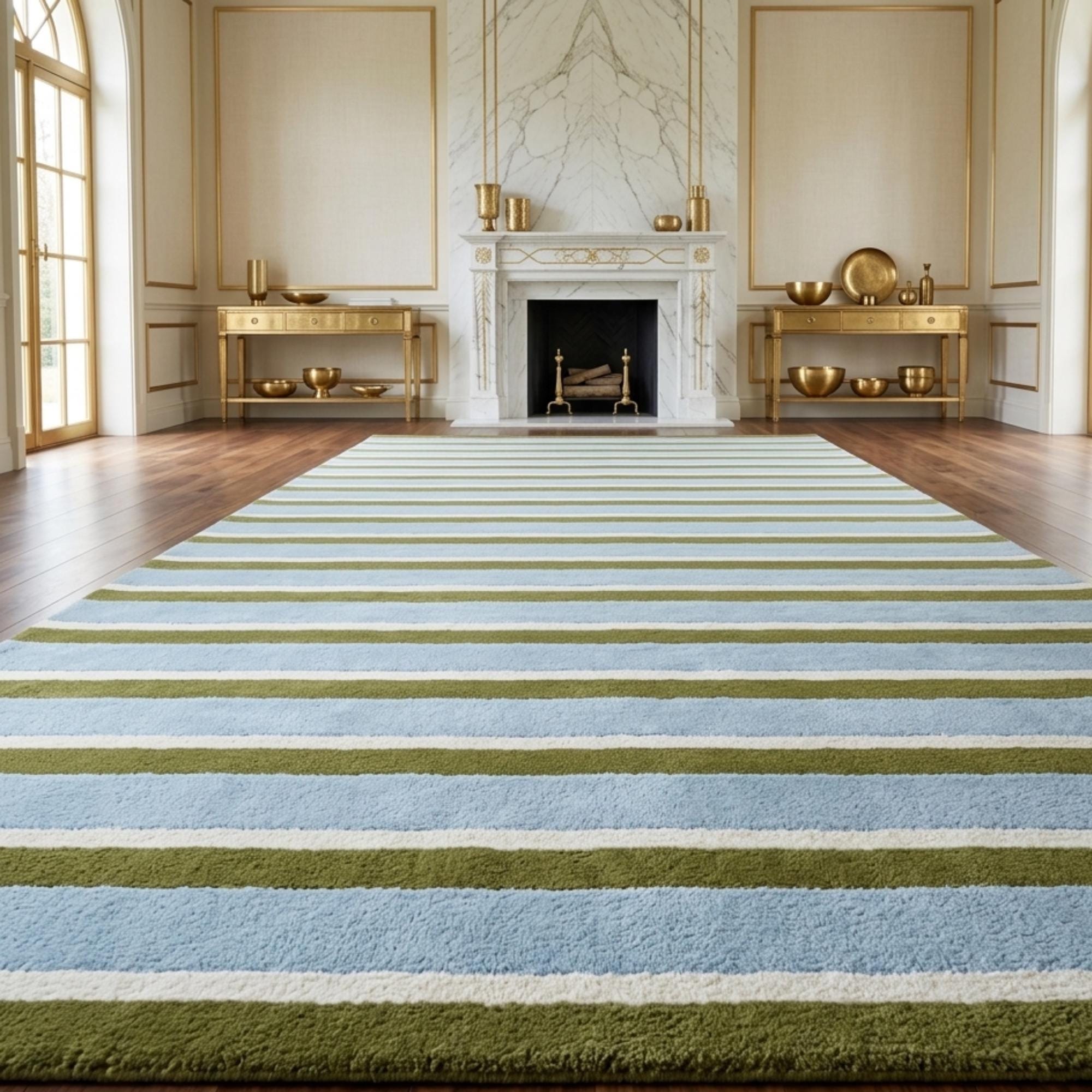 Luxury Hand Tufted Wool Rug, Blue Green Striped Area Rug, Modern ...