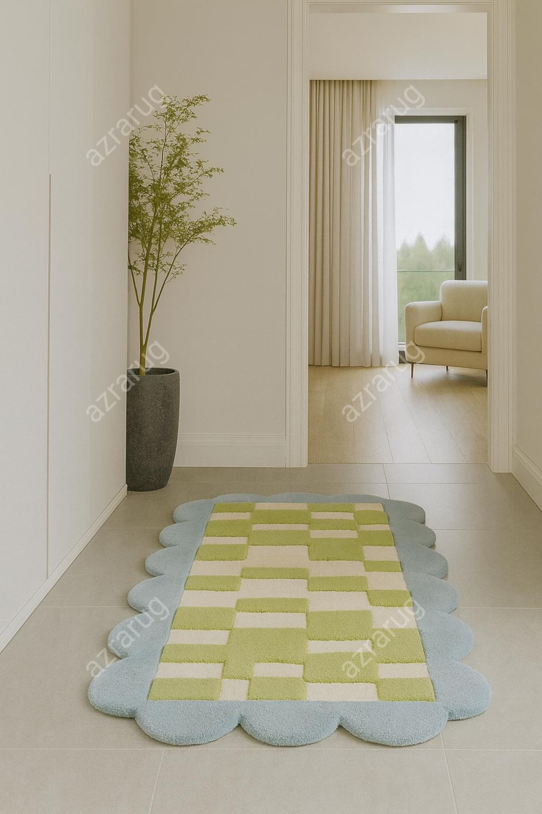 Modern Scallop Edge Hand-tufted Rug – Green & Blue Checker Pattern - Etsy