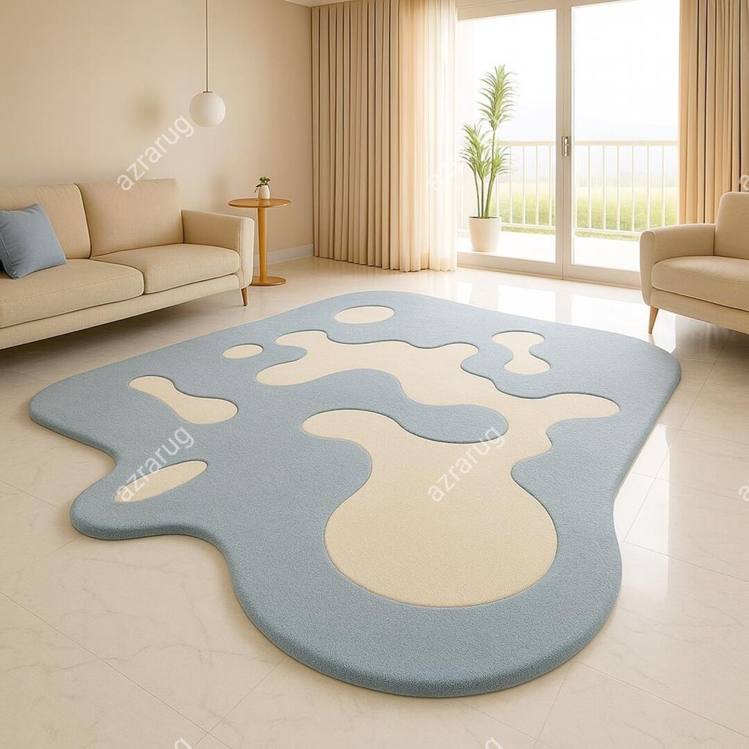 Modern Abstract Hand-tufted Rug – Soft Blue & Cream Splash Design for ...