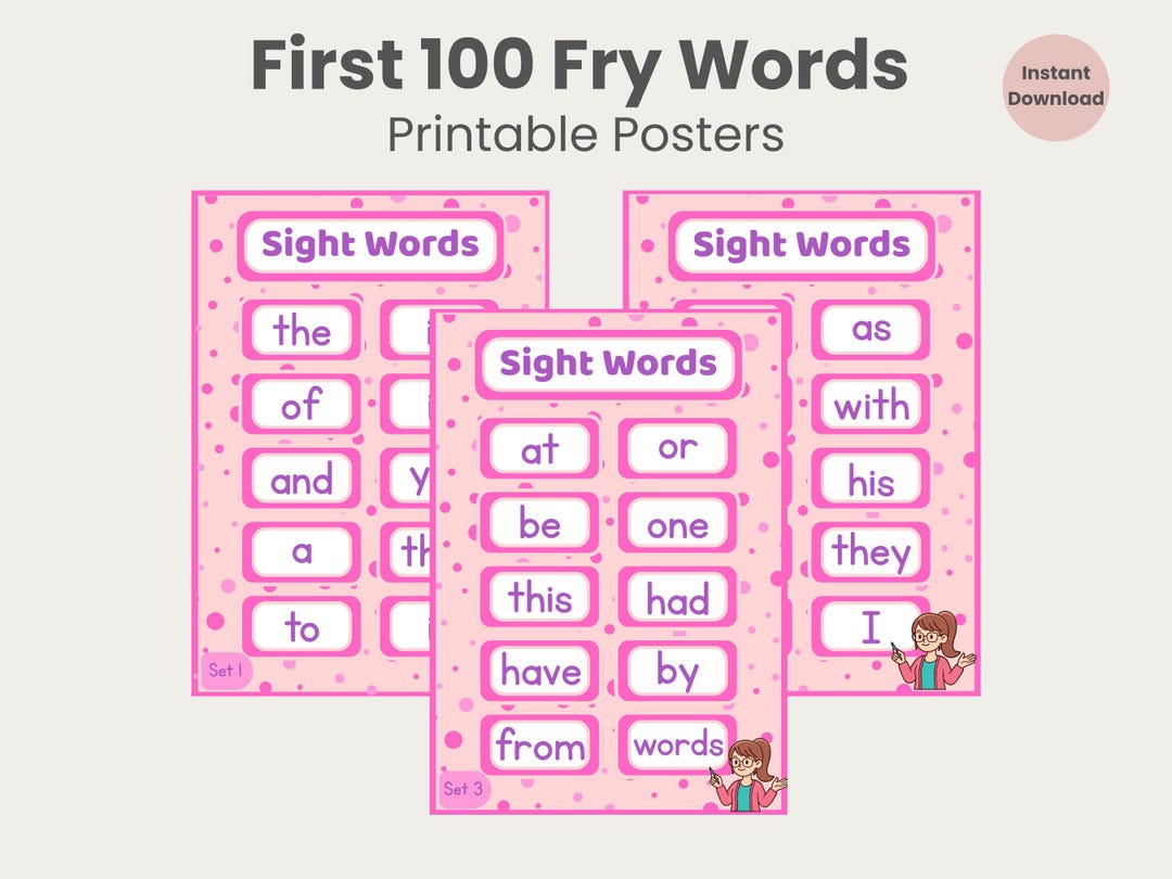 First 100 Fry Words Posters | Printable Sight Words | Kindergarten ...