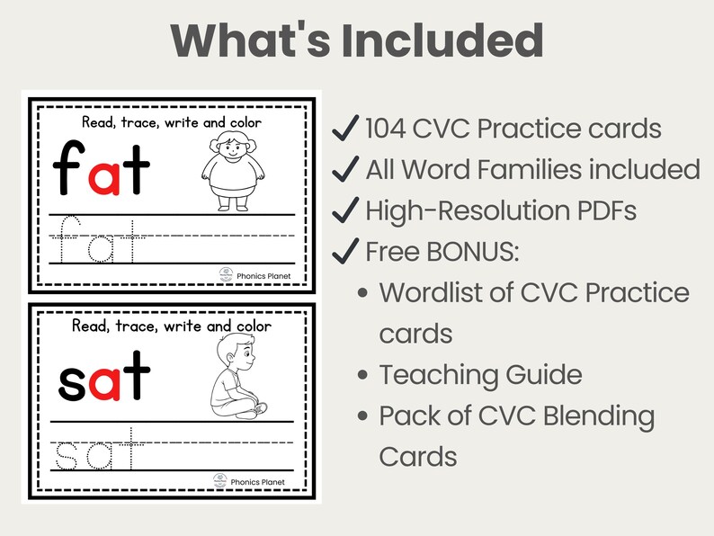 CVC Word Cards | Phonics Practice, Read, Trace, Write (digital Download ...