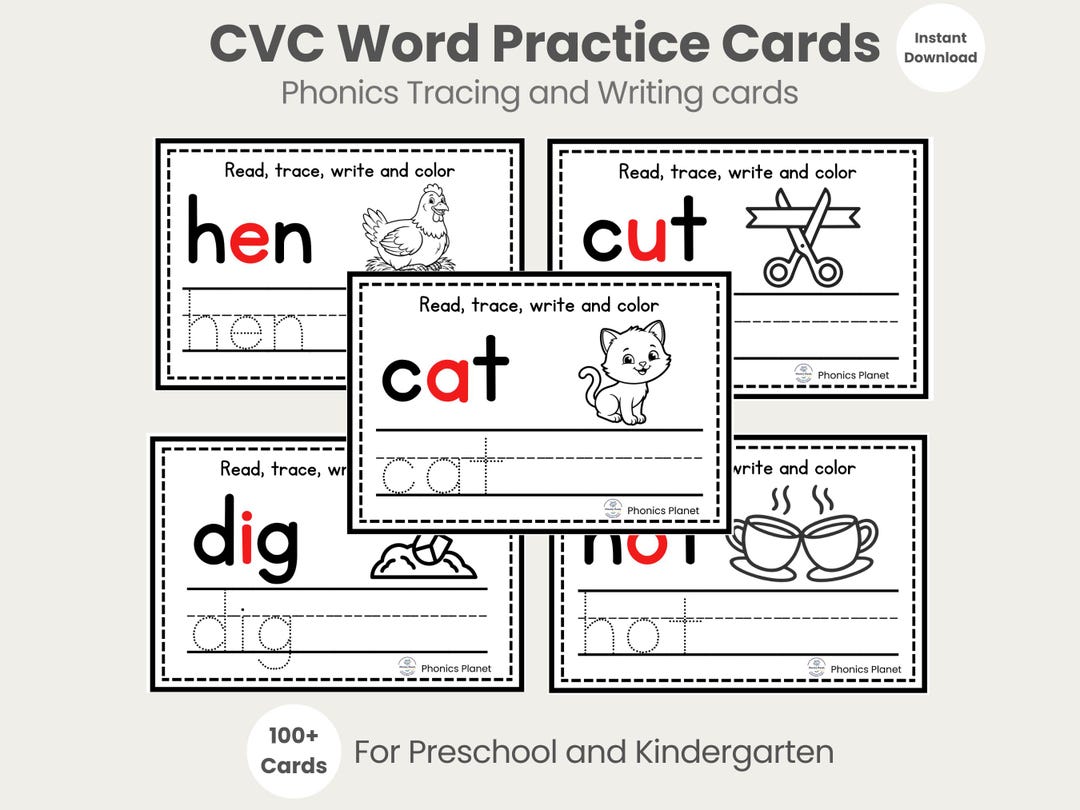 CVC Word Cards | Phonics Practice, Read, Trace, Write (digital Download ...