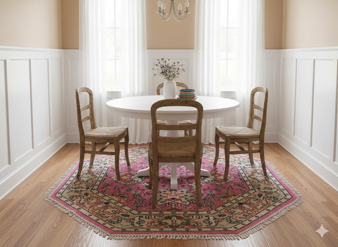 6x6 Hot Pink Octagon Rug| Handmade Wool Floral Vintage Style Decor - Etsy