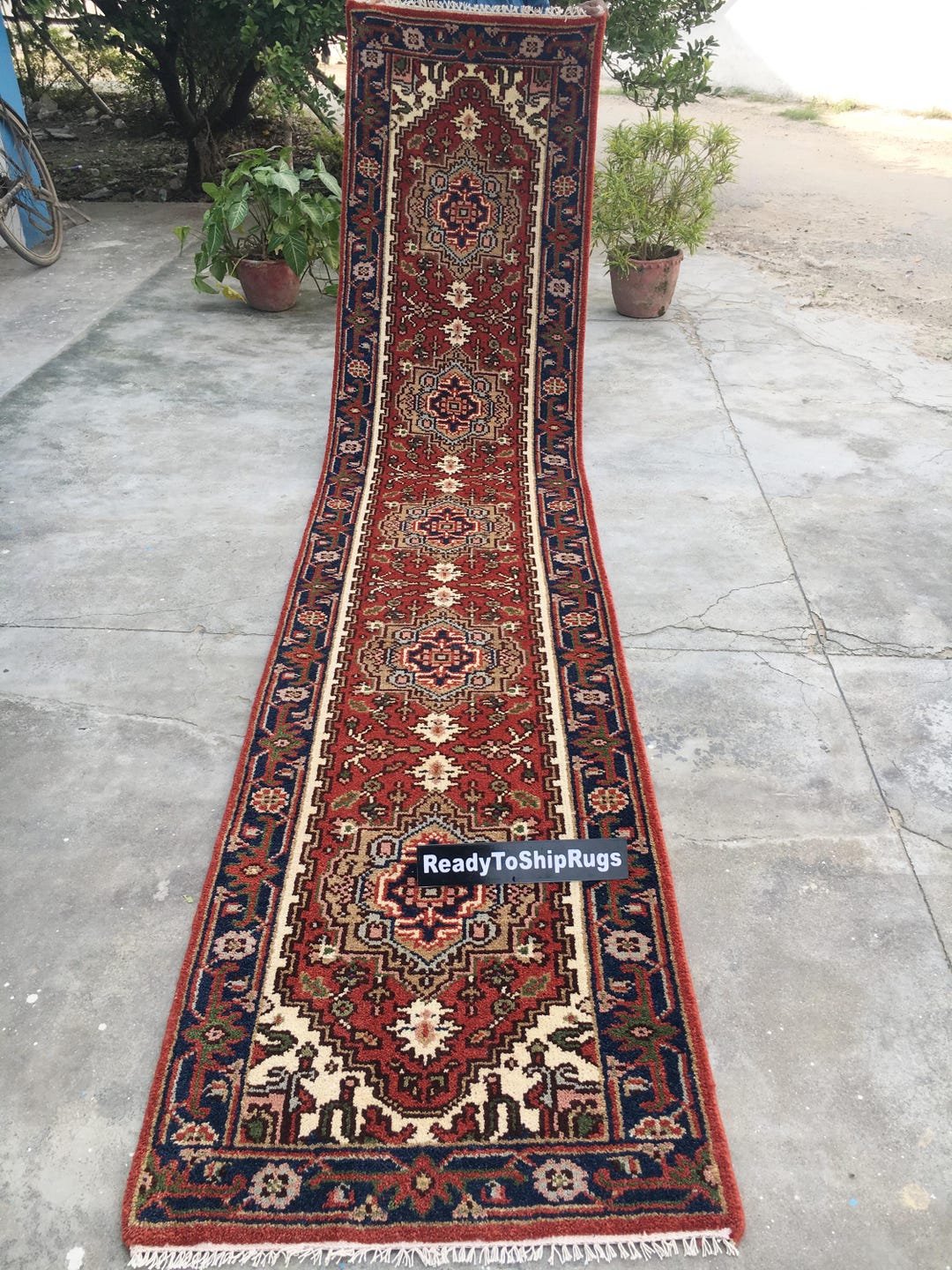 Vibrant 12ft Runner | Handmade Red Navy Traditional Oriental Narrow ...