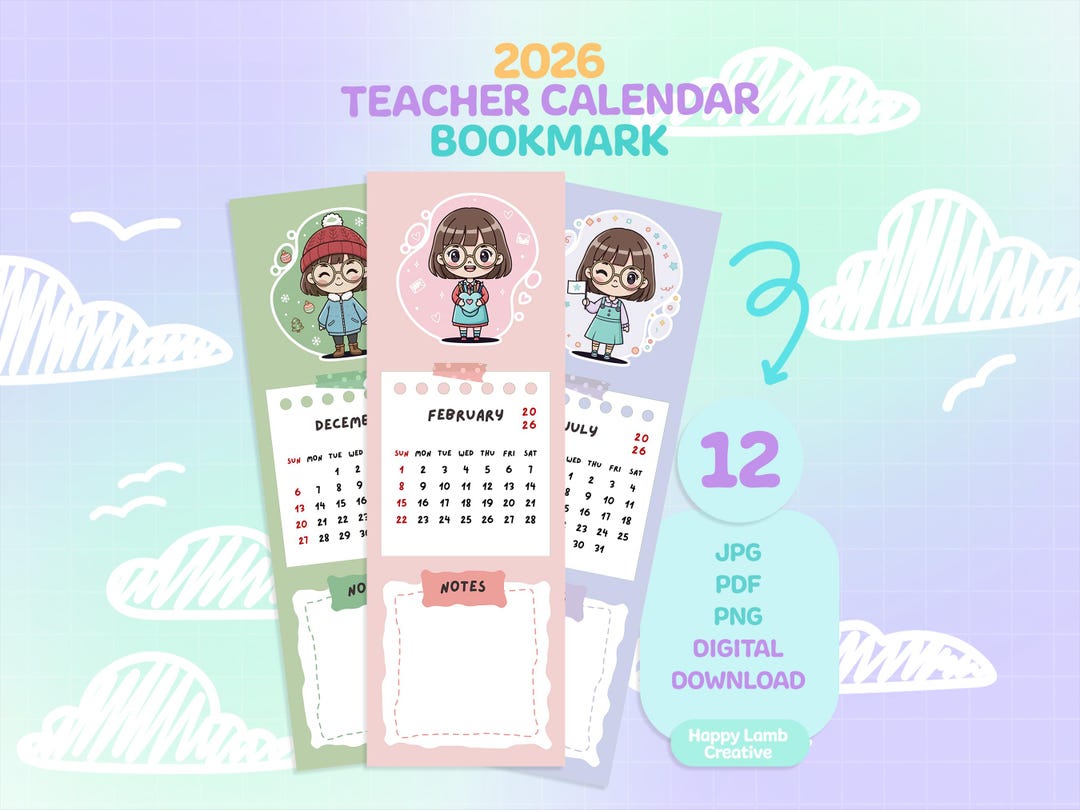 2026 Calendar Teacher Bookmark Set Monthly Calendar Mini Cute Planner ...