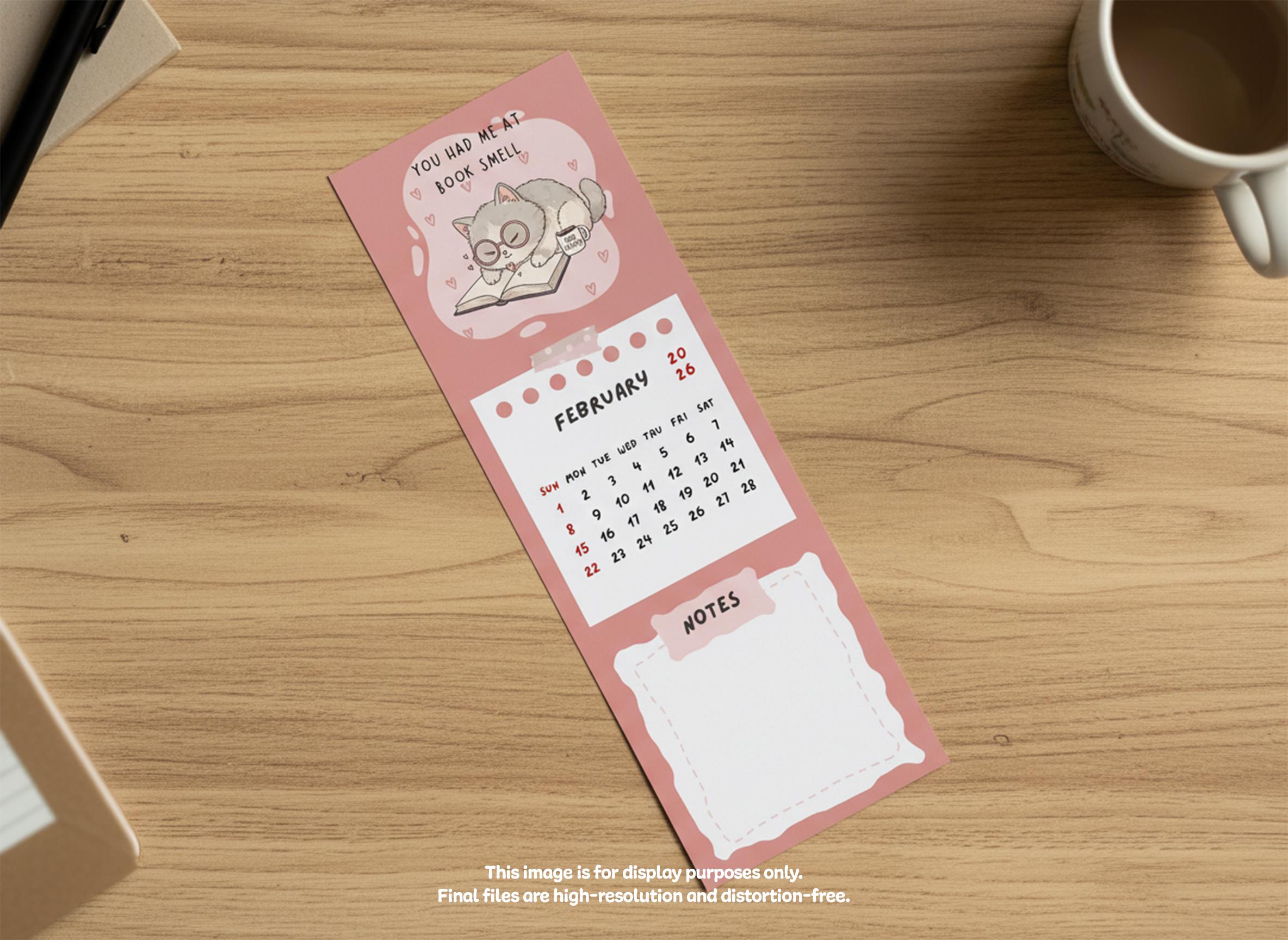 2026 Calendar Reader Bookmark Monthly Calendar Mini Bookworm Bookmark ...