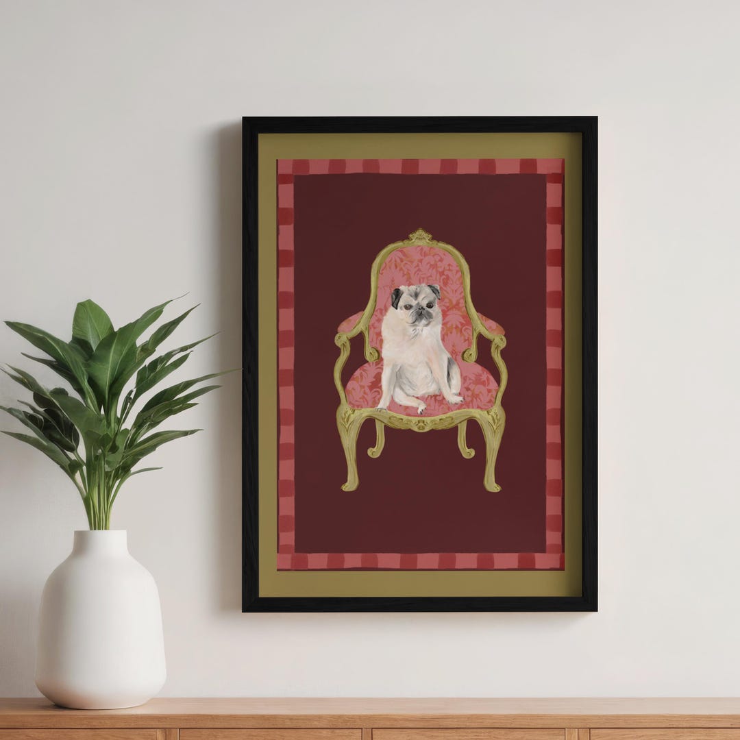 Regal Pug Dog Portrait, Bergere Chair, Fine Art Pug Lover Gift, Pug ...