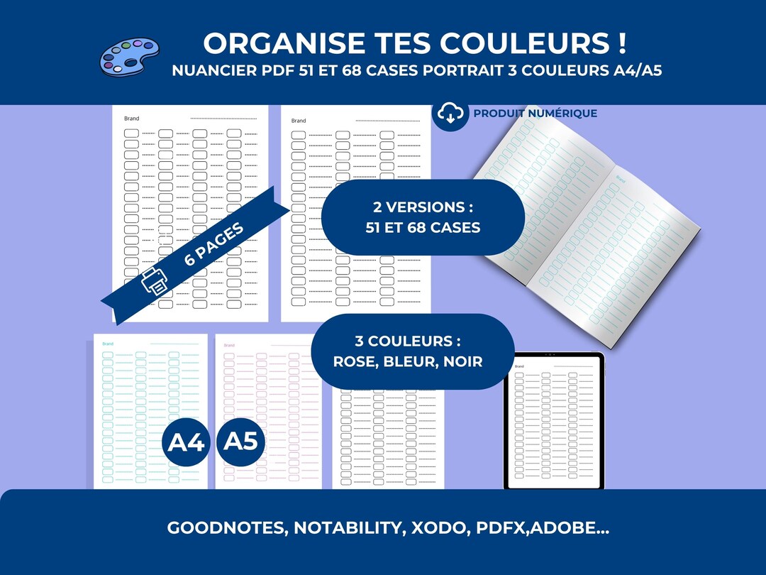 Printable Portrait Color Swatch Chart PDF A4/A5 – 51 & 68 Boxes, 3 ...