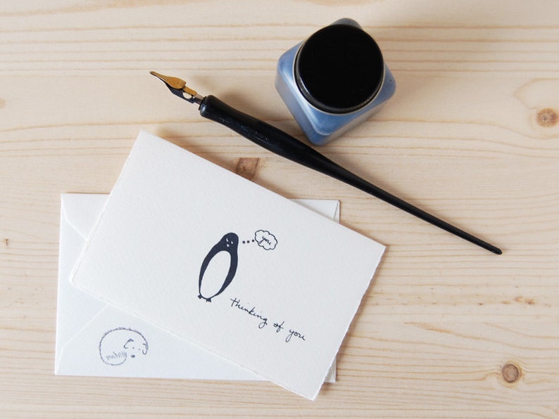 Cute Thinking Of You Card Whimsical Penguin Drawing Thinking Of You Etsy
