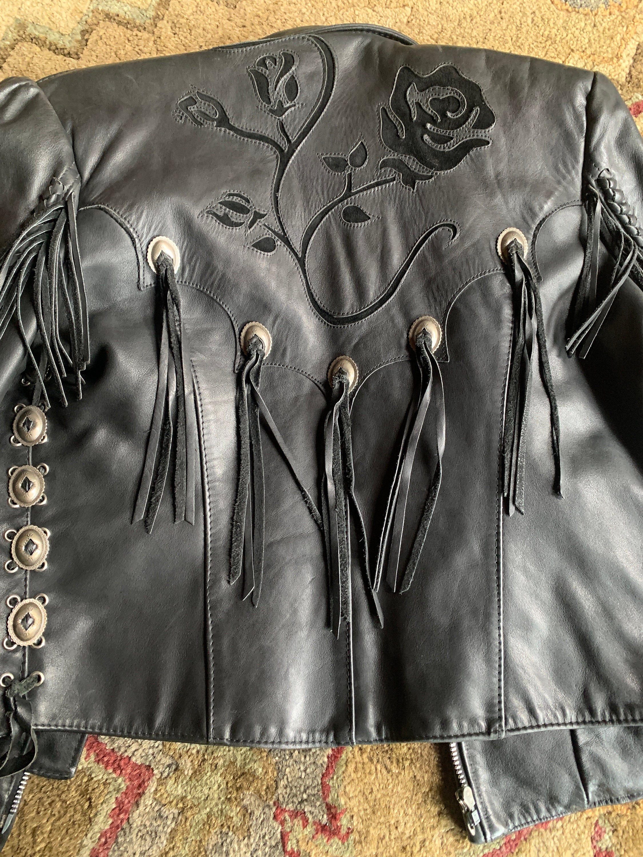 Exceptional Black Leather Jacket by Gypsy Leather Inlaid Rose Pattern ...