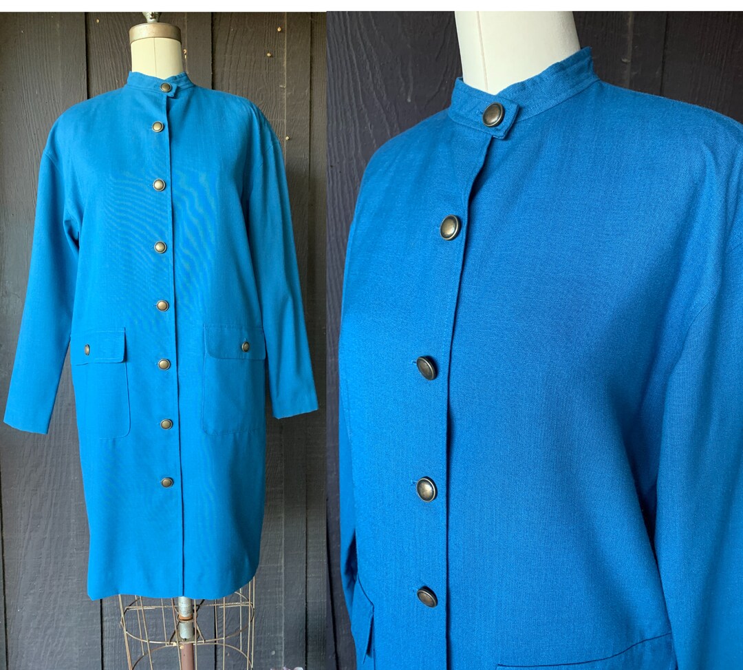 Sky Blue Lab Coat Dress Jones Wear Classic 1980s Style Band Collar ...