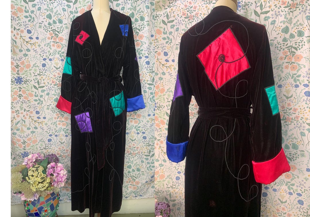 Black Velvet Robe With Colorful Square Patches Georgette Trabolsi 1980s ...