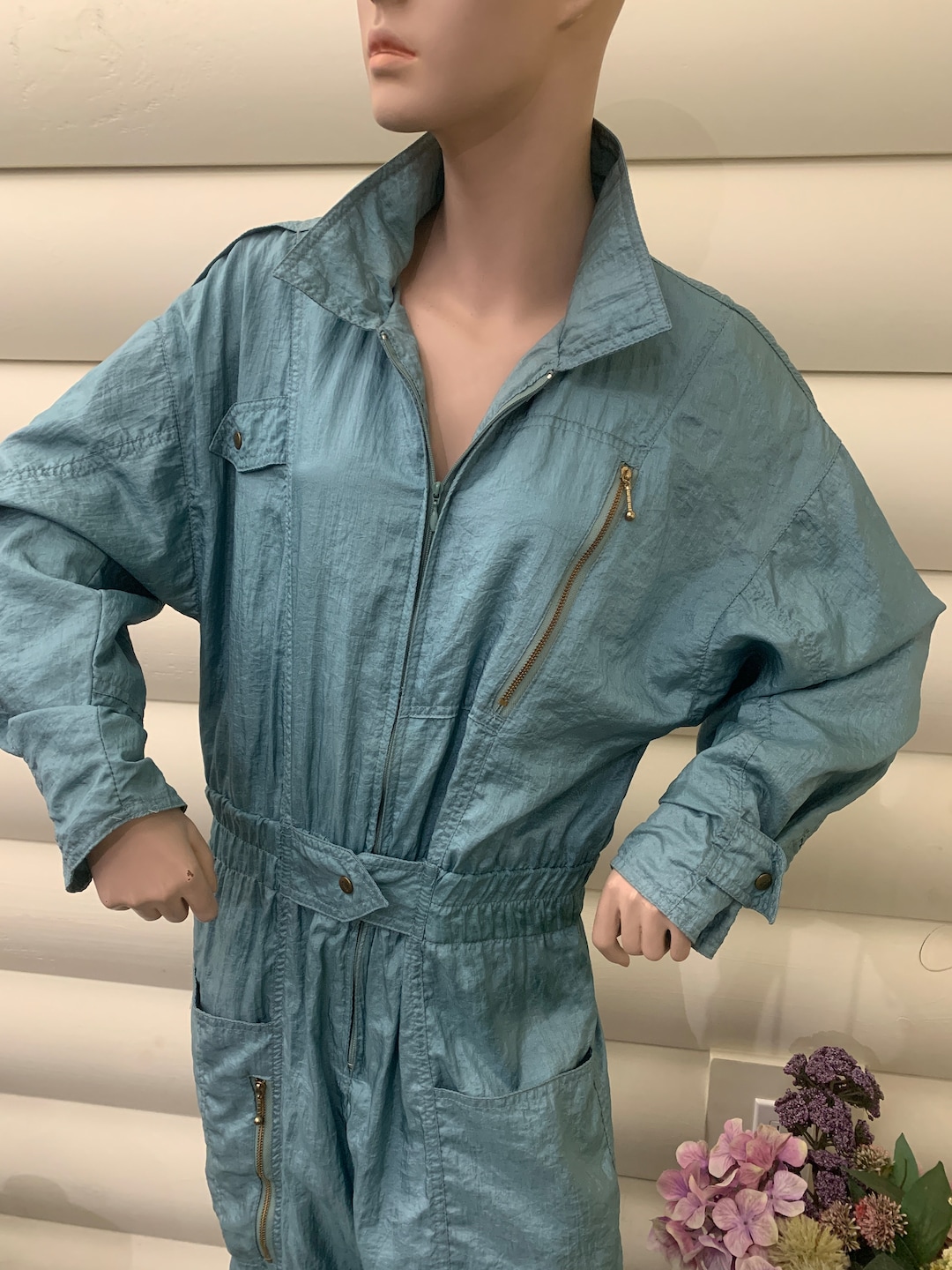 Metallic Mint Colored Nylon Parachute Jumpsuit Abraxas 1980s Crinkled ...