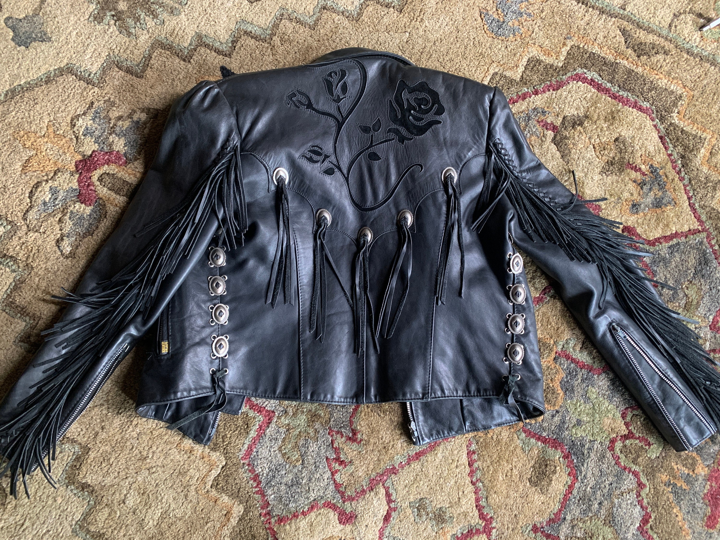 Exceptional Black Leather Jacket by Gypsy Leather Inlaid Rose Pattern ...