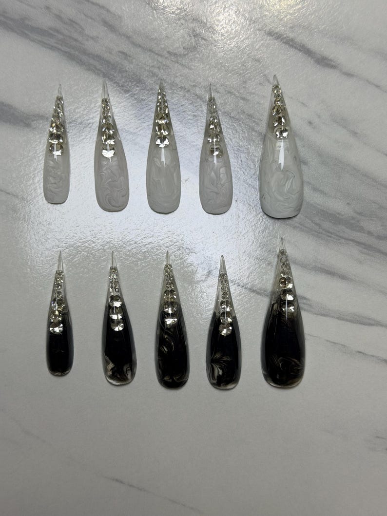 Black & White Ink Crystal Dragon Claw Press on Nails | Fantasy Creature ...
