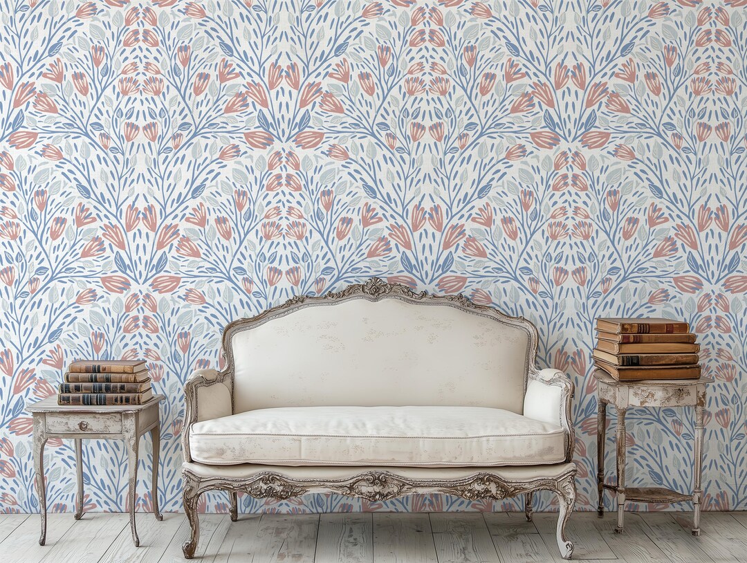 Feminine Elegant Art Nouveau Soft Pink and Light Blue Botanical Pattern ...