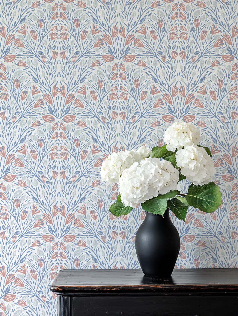 Feminine Elegant Art Nouveau Soft Pink and Light Blue Botanical Pattern ...