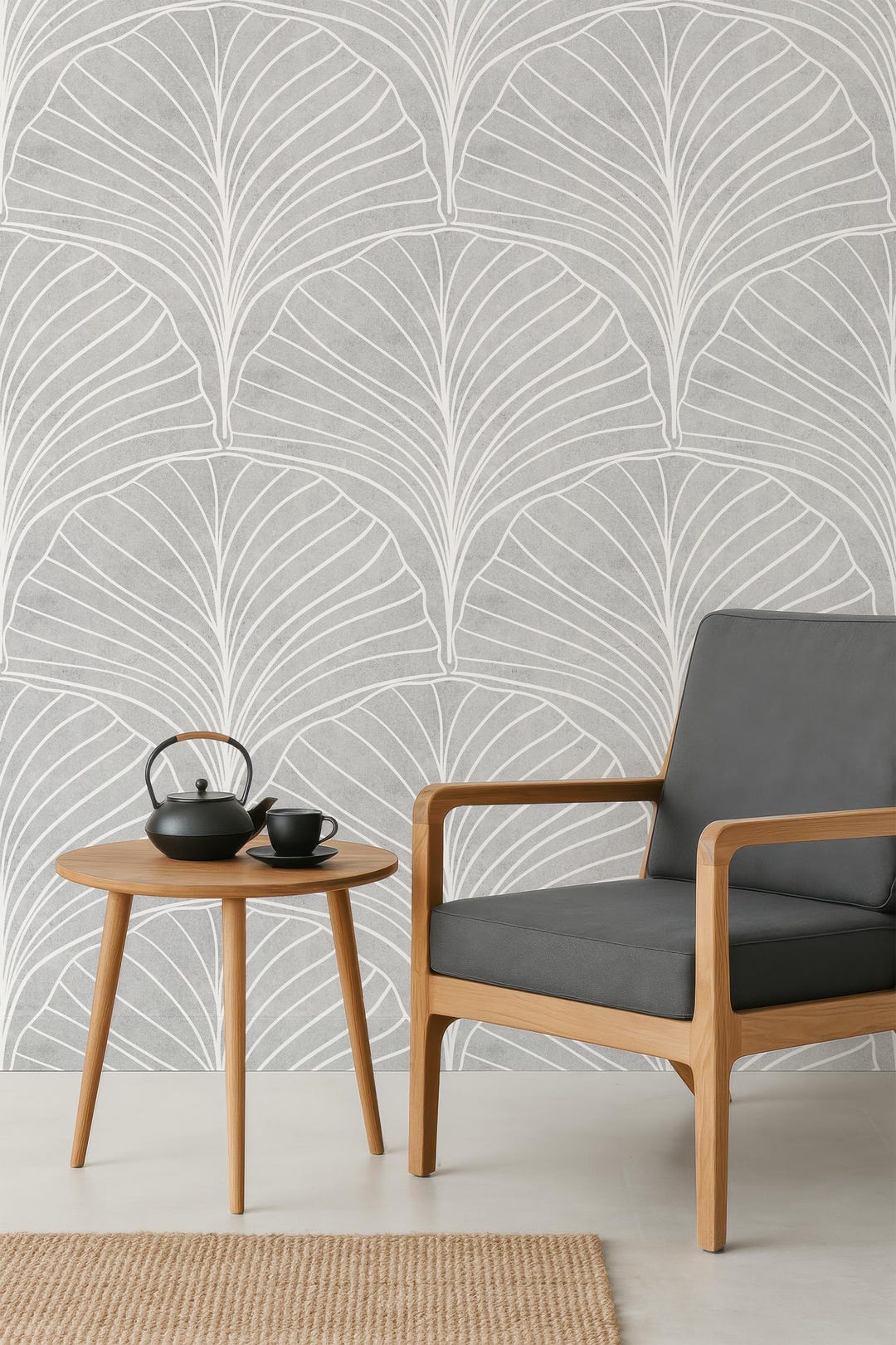 Minimalist Japandi White Ginkgo Leaf Lines on Dusty Gray Background ...