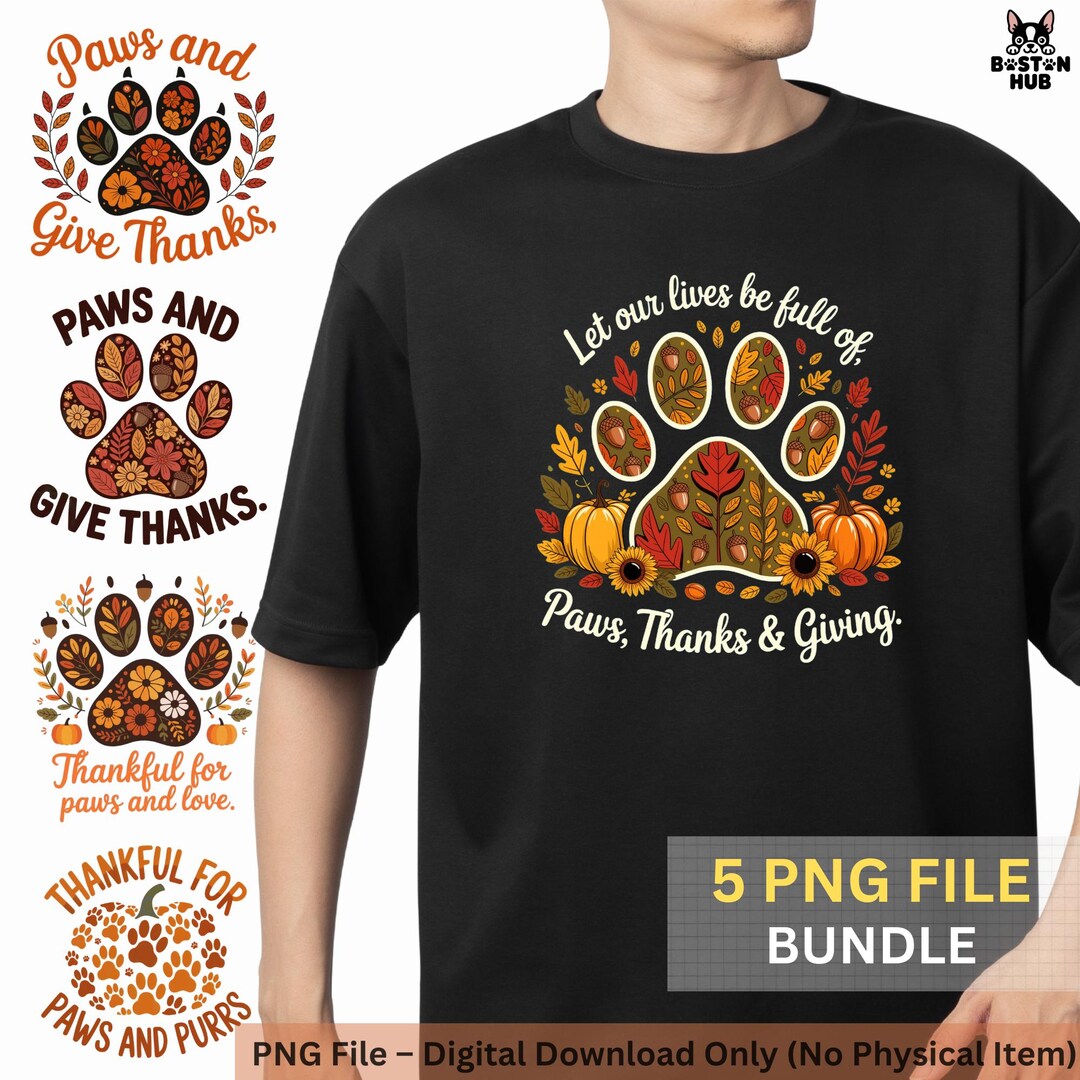 Thanksgiving Dog Paw Print PNG Bundle,5 Fall Pet Lover Sublimation ...