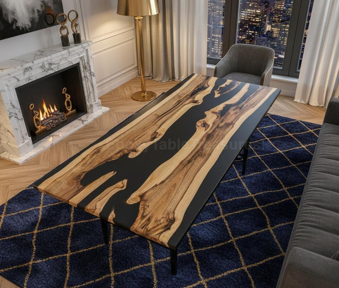 Luxury Live Edge Wood & Black Epoxy River Table | Modern Resin Desk ...