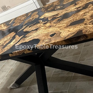 Epoxy Resin Dining Table Black and Gold Wood Slab River Table Olive ...