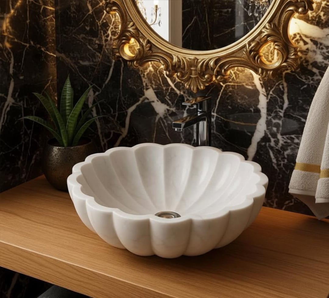 Luxury White Marble Lotus Sink Bowl – Hand-carved Scalloped Basin for ...