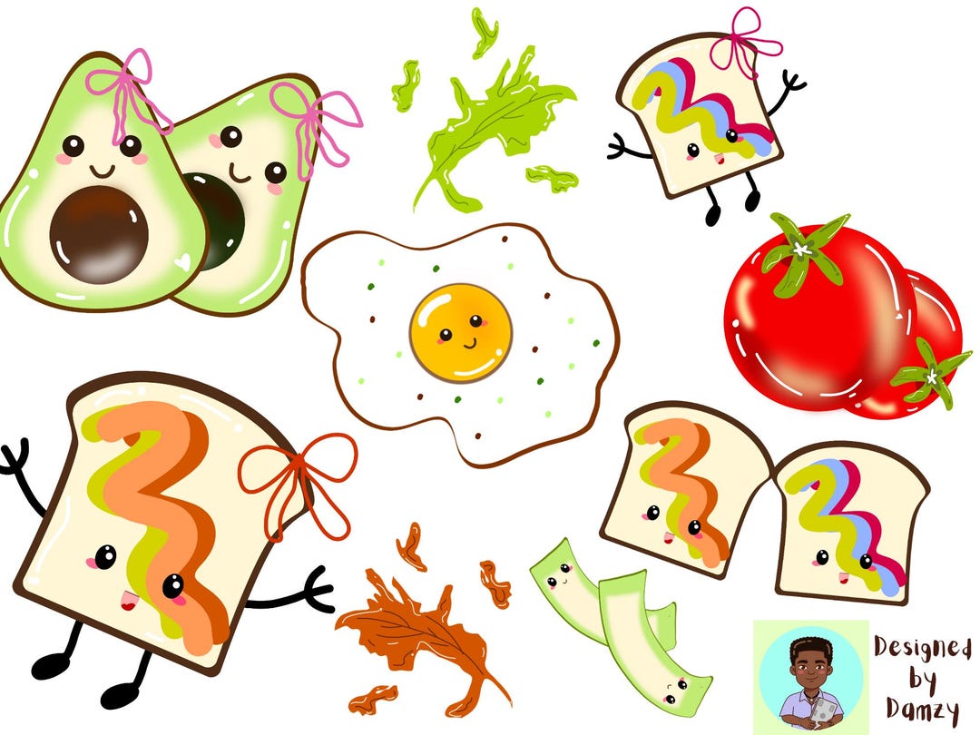 10 Avocado Toast Clipart, Eggs, Avocado, Tomatoes, Leaves, Hand Drawn ...