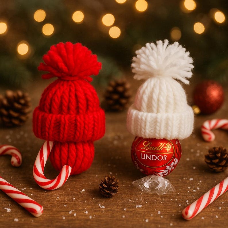 Handmade Mini Knitted Pom Pom Hat | Christmas Ornament, Wedding Favor ...