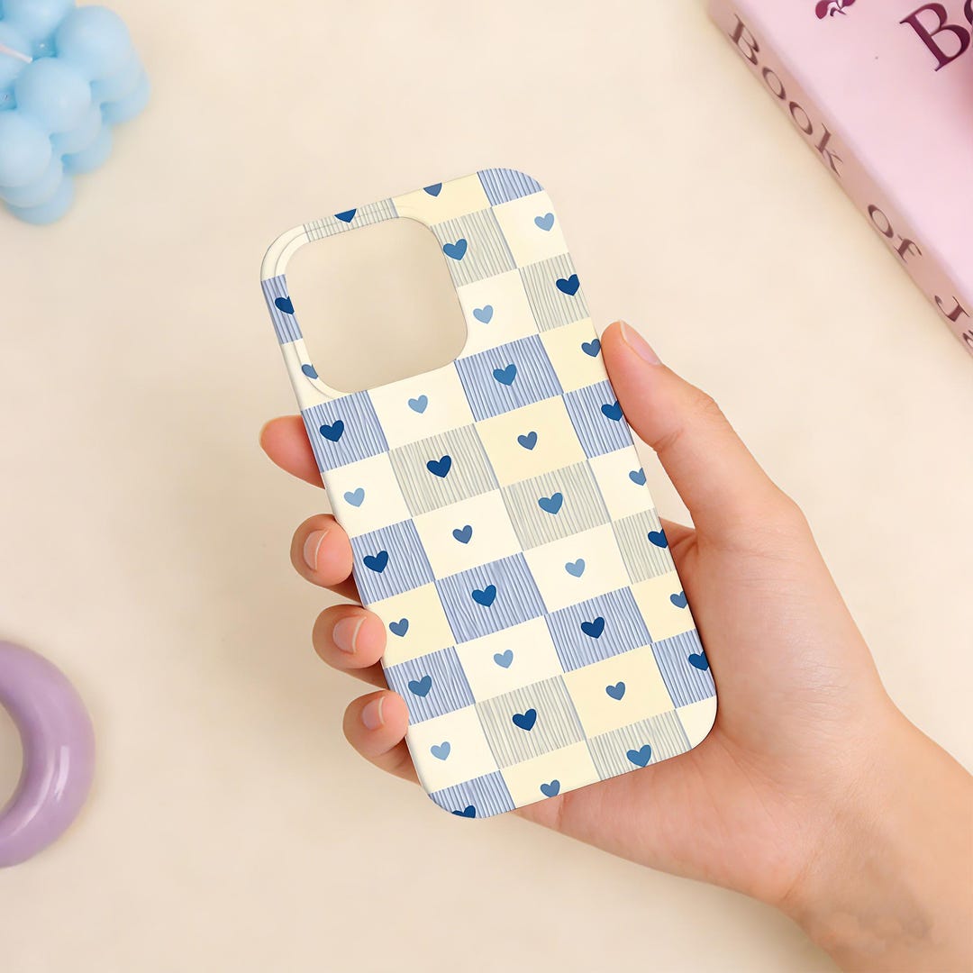 Custom Cured Blue Style Heart Plaid Pattern Design Hard Matte Phone ...