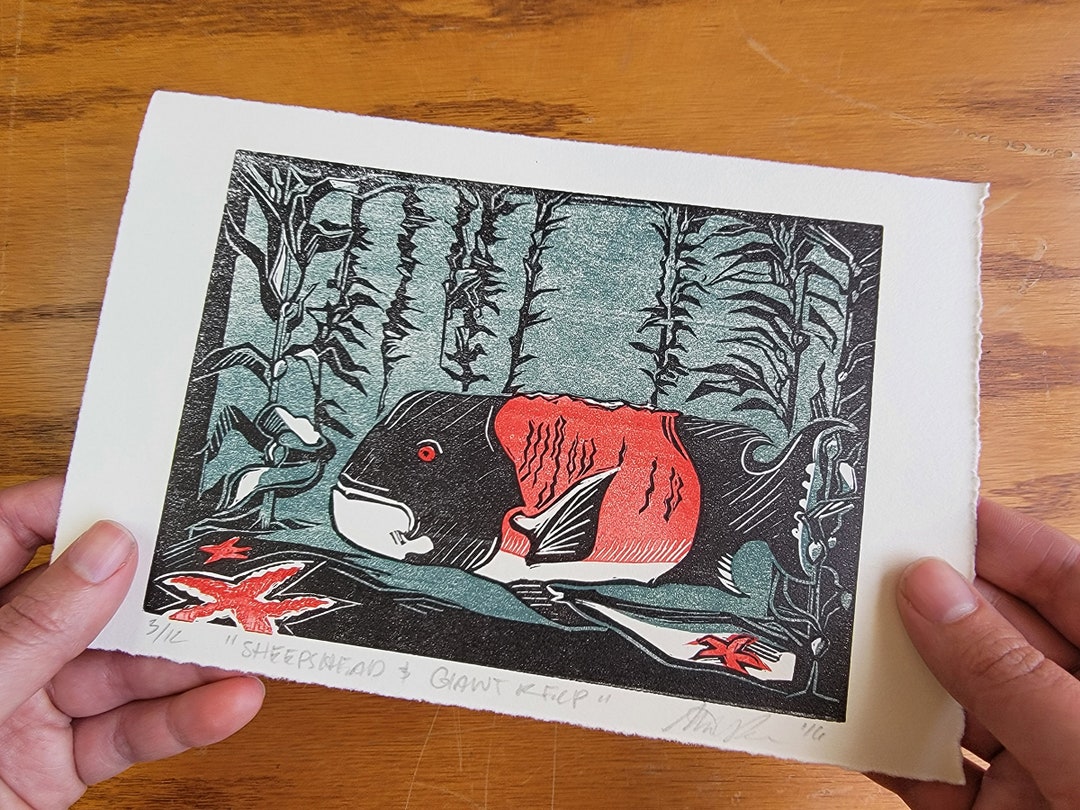 Sheepshead & Giant Kelp Linocut Print Limited Edition Coastal Art ...