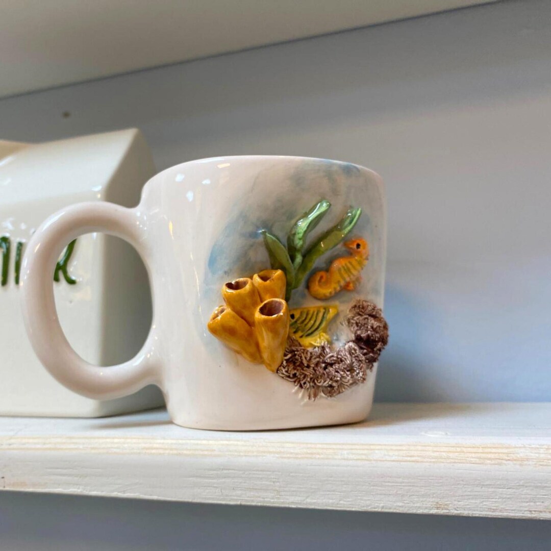 Ceramic Mug With Coastal Relief Texture, Artistic Raised Design Pottery ...