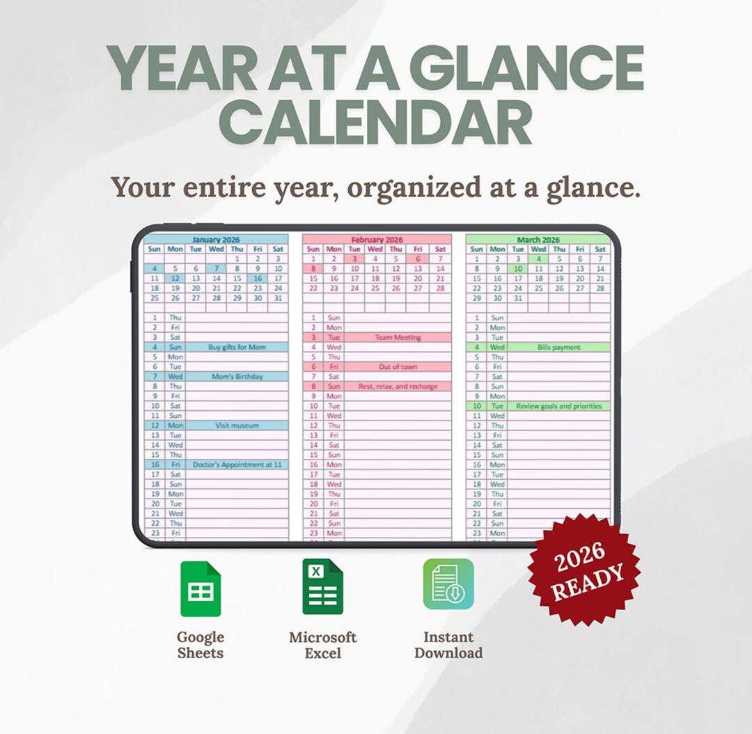 Year at a Glance Planner: Excel & Google Sheets Calendar (digital ...