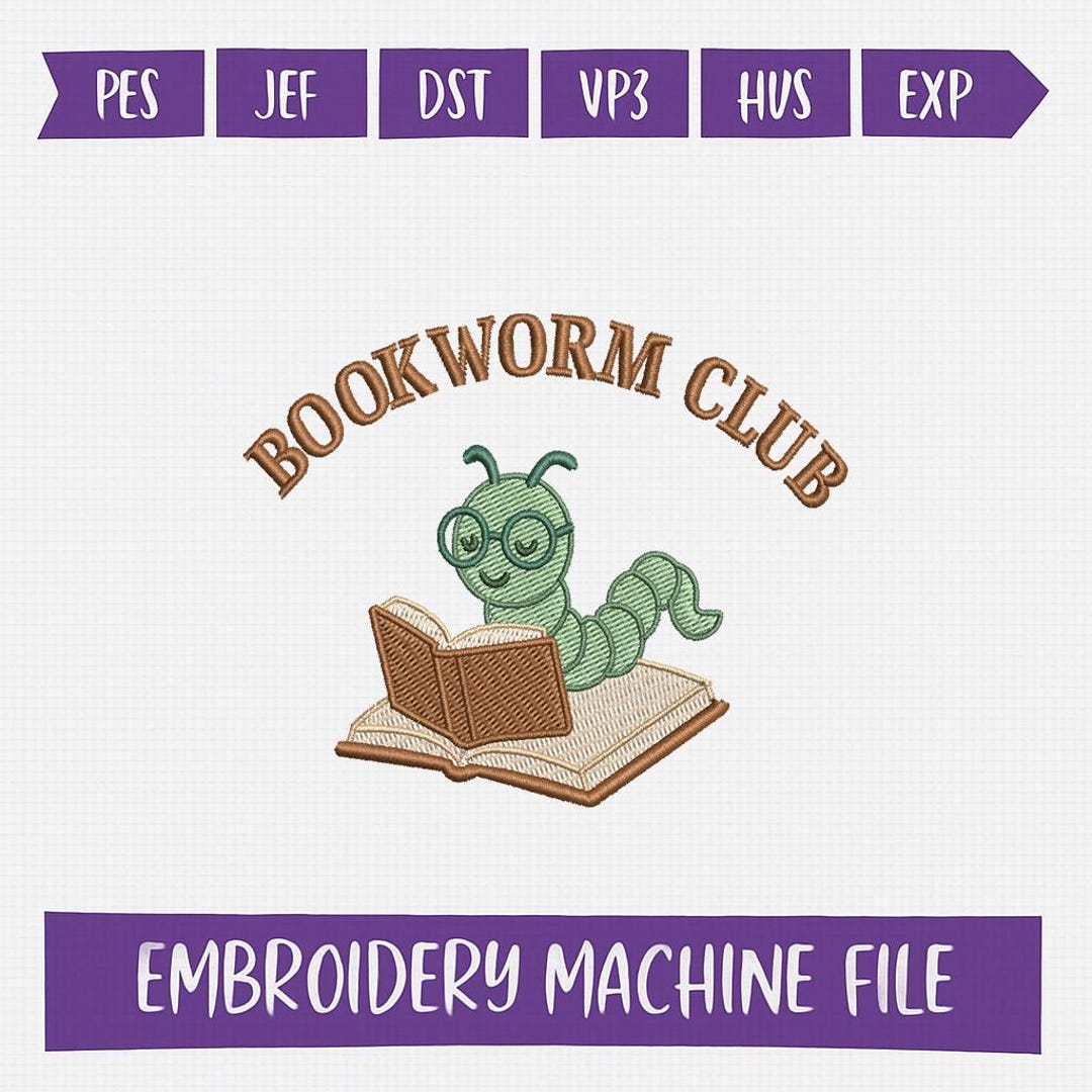Bookworm Club Embroidery Design, Cute Reading Worm Embroidery File ...