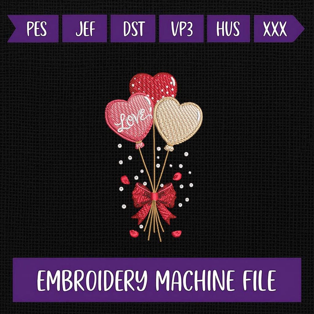 Heart Balloon Embroidery Design, Valentine Love Balloons With Bow ...