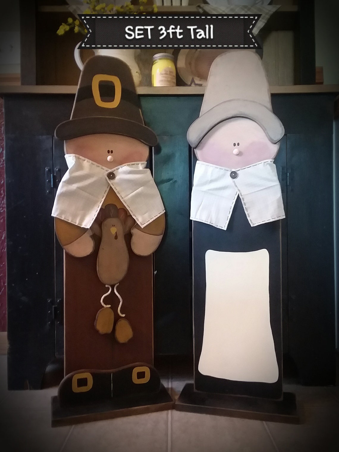 Standing Wood Pilgrim Set/3 Feet Tall/primitive Thanksgiving Decor/made ...